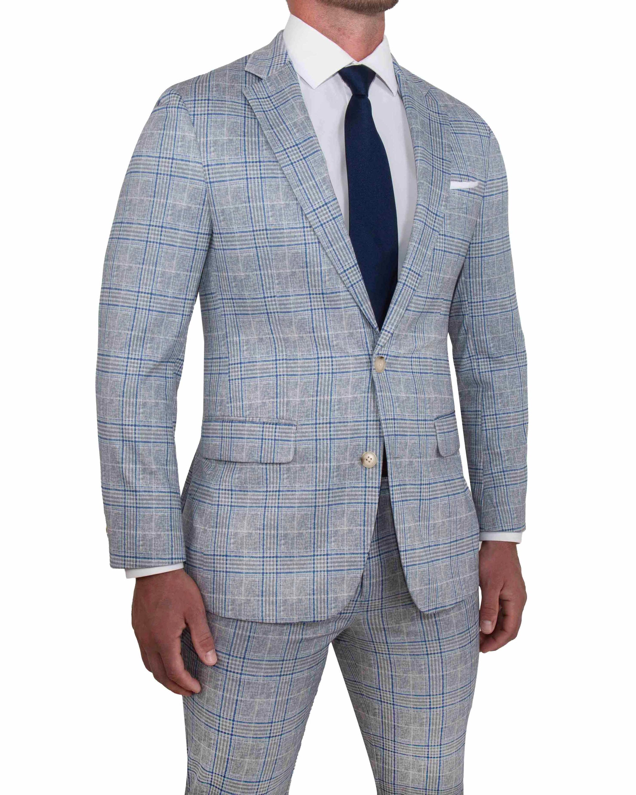 Athletic Fit Stretch Suit - Grey & Royal Blue Plaid