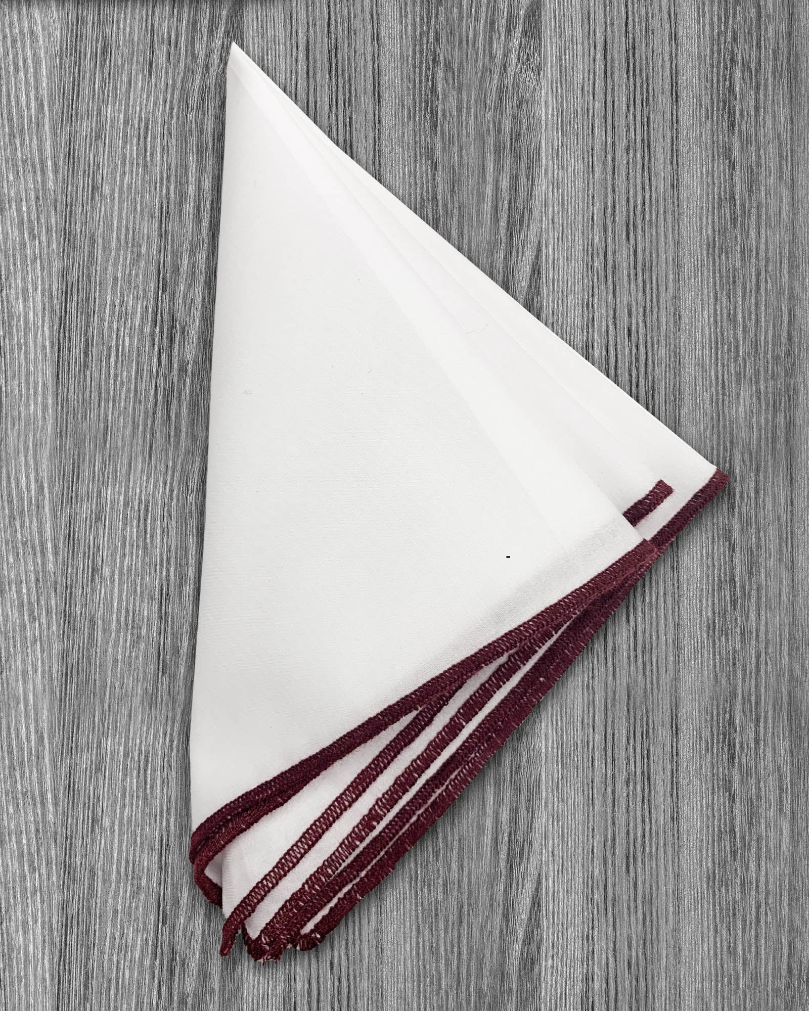 Pocket Square - White With Maroon Edge Stitch