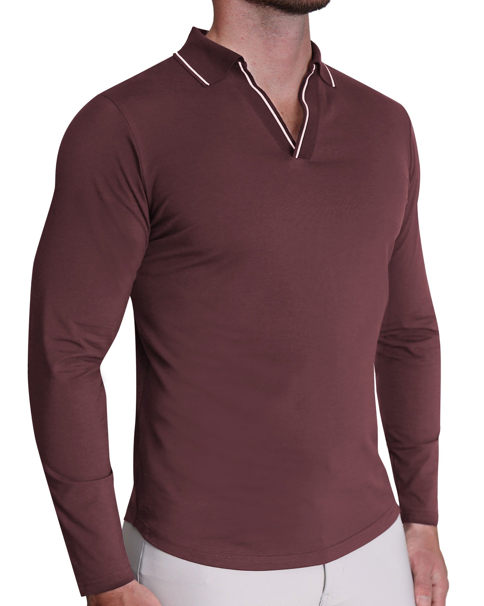 Tipped Long Sleeve Polo - Maroon